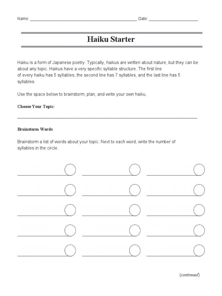 Haiku Writing Worksheet for Kids | PDF