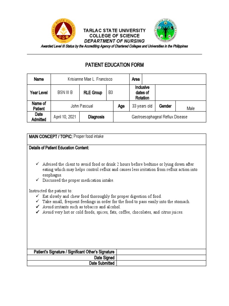 Patient Education Form: Department of Nursing | PDF