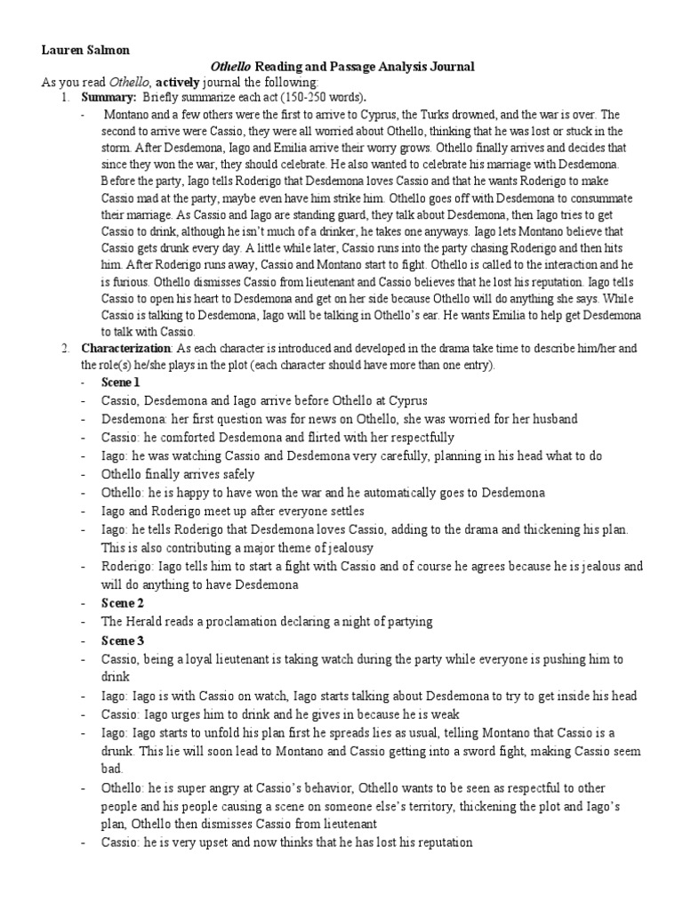 Othello Reading and Passage Analysis Journal | PDF | Othello | Iago