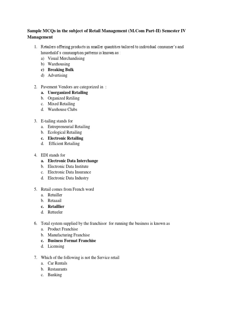 Mcom II MGMT Retail Management Practice Questions | PDF | Franchising ...