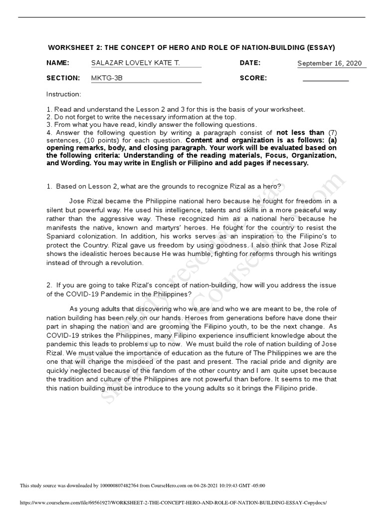 Worksheet 2 The Concept Hero and Role of Nation Building Essay | PDF ...