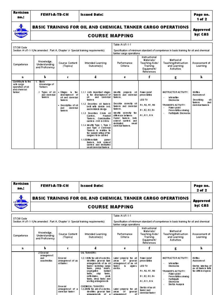 Course Mapping: Basic Training For Oil and Chemical Tanker Cargo ...