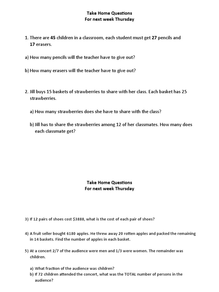Math Take Home Questions for Students | PDF