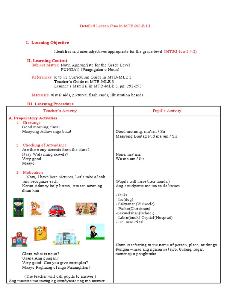 MTB MLE3 Lesson Plan | PDF | Noun | Syntax