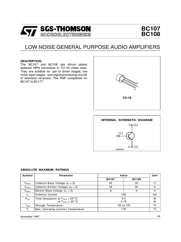 Low Noise General Purpose Audio Amplifiers: BC107 BC108 | PDF