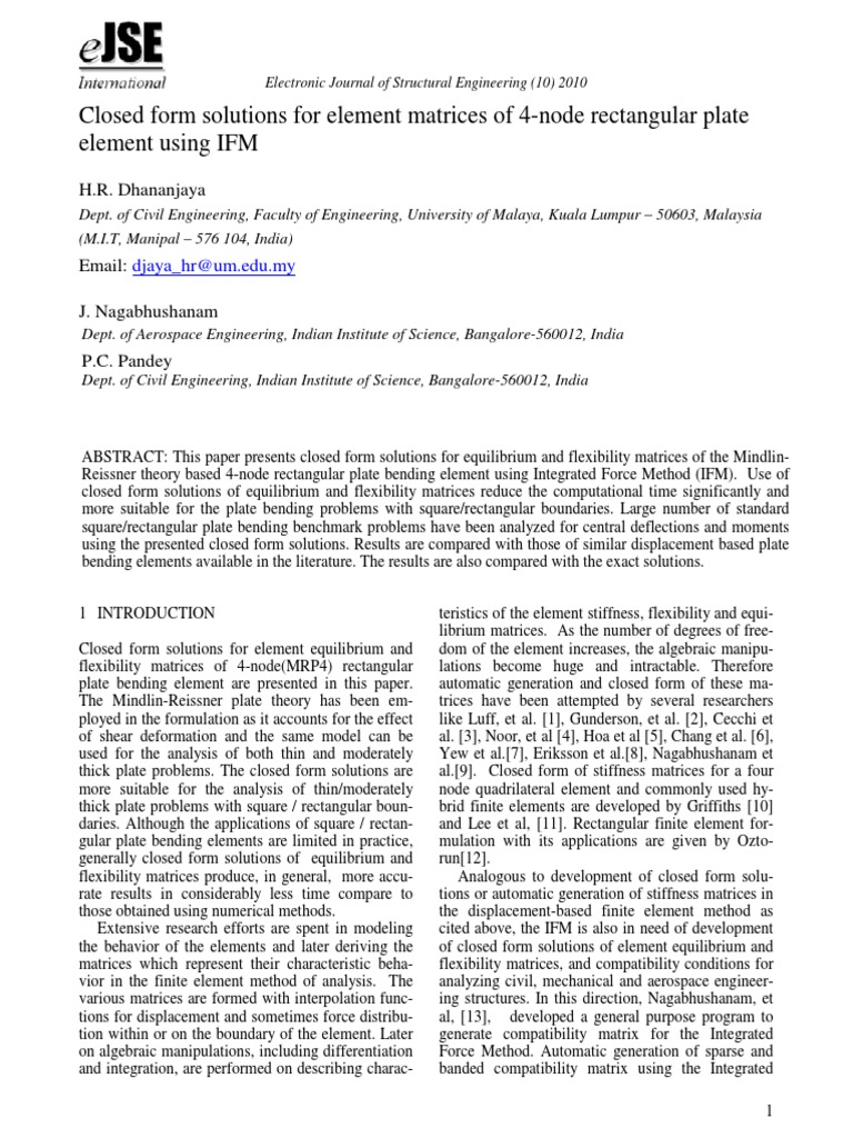 Closed Form Solutions For Element Matrices of 4-Node Rectangular Plate ...