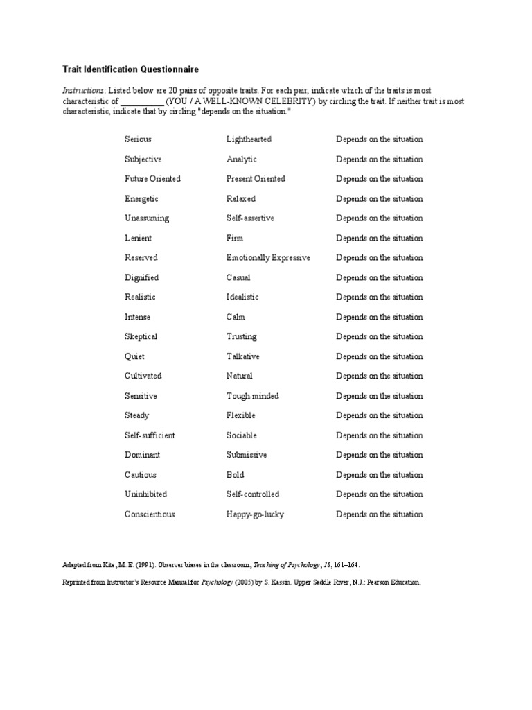 Trait Identification Questionnaire | PDF | Clinical Psychology ...
