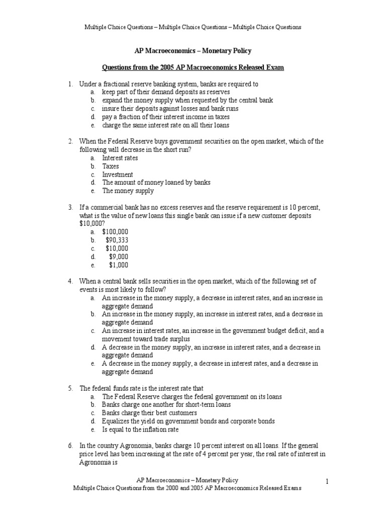 Monetary Policy Multiple Choice Questions | PDF | Money Supply ...