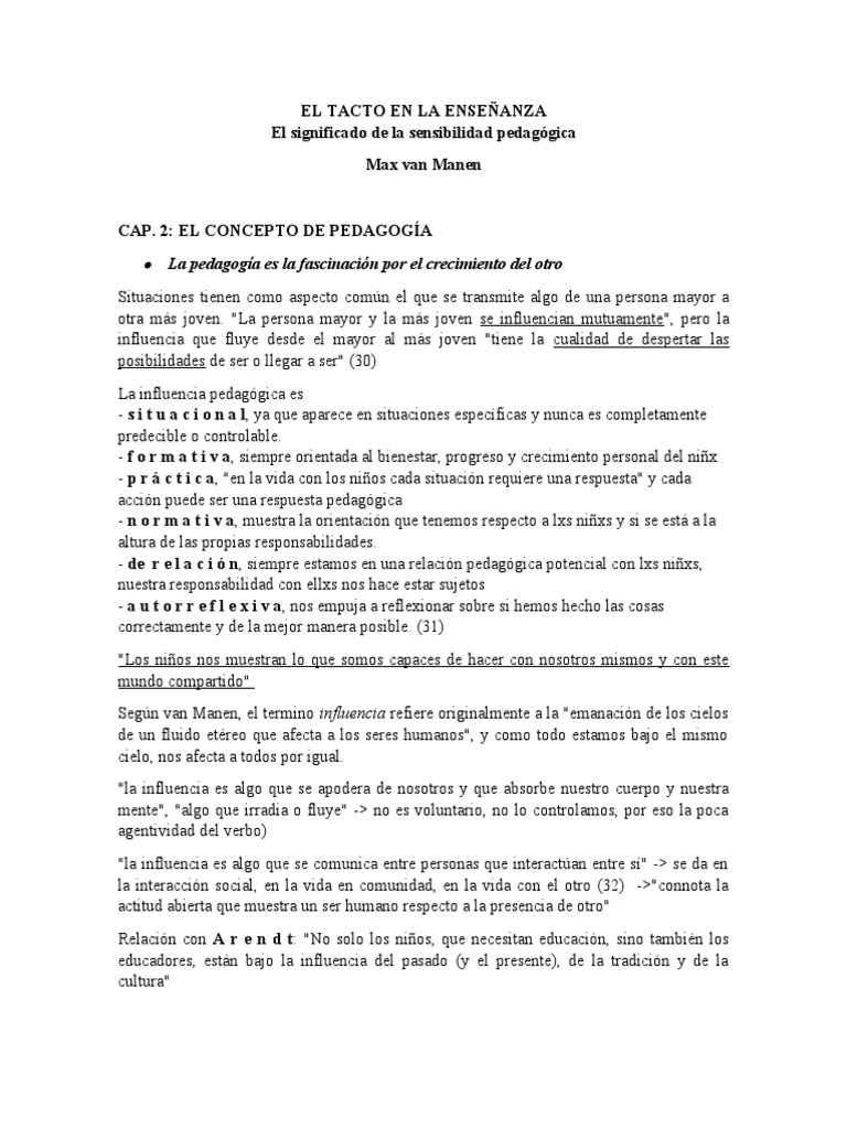 Apuntes de El Tacto en La Enseñanza de Max Van Manen | PDF | Adultos ...