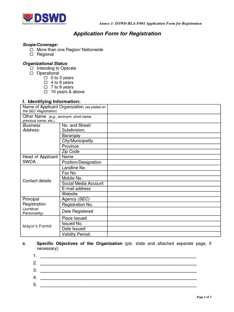 DSWD Application Form for Registration | PDF | Identity Document | Business