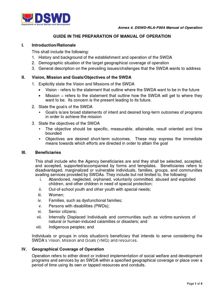Annex 4. DSWD-RLA-F004 Manual of Operation | PDF | Goal | Social Work