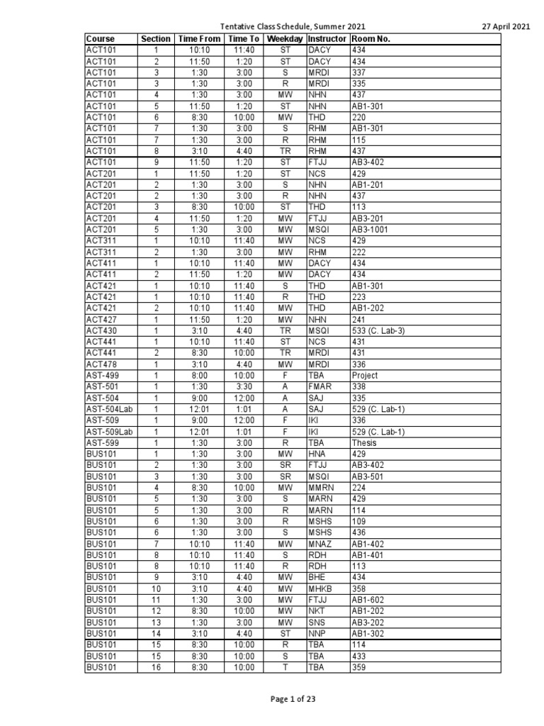 Course Section Time From Time To Weekday Instructor Room No | PDF ...
