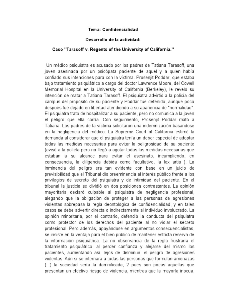 Caso Tarasoff v. Regents of The University of California. | PDF | Etica ...