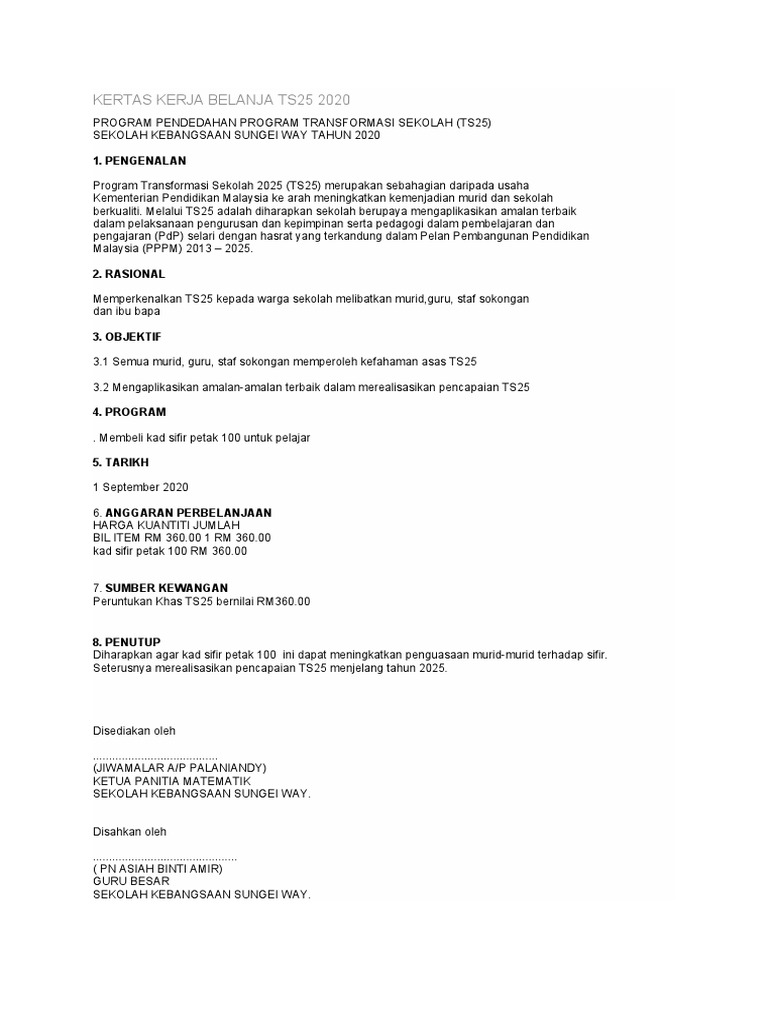 Kertas Kerja Belanja TS25 2021 | PDF