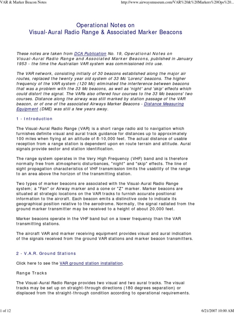 Operational Notes On Visual-Aural Radio Range & Associated Marker ...