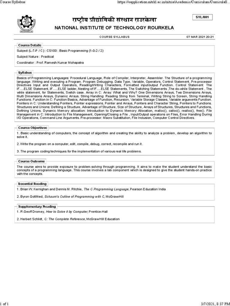 National Institute Of Technology Rourkela Course Syllabus 07 Mar 2021 2021 Pdf Subroutine 