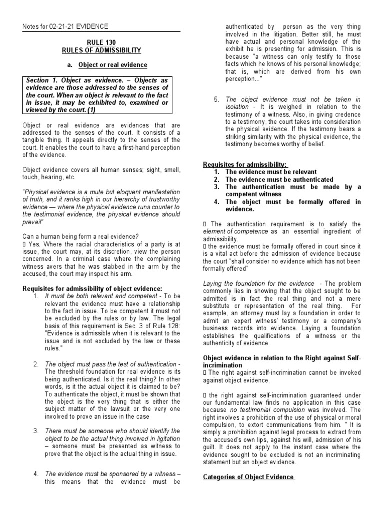 NOTES For Evidence (Rule 130) | PDF | Evidence | Testimony