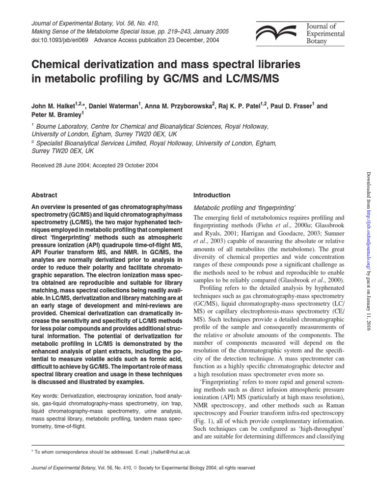 Chemical Derivatization and Mass Spectral Libraries in Metabolic Profiling by GC/MS and LC/MS/MS ...