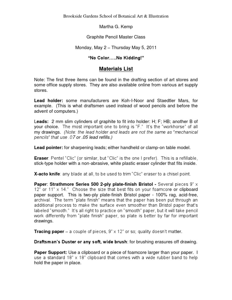 Kemp - Graphite Master Class Materials List | PDF