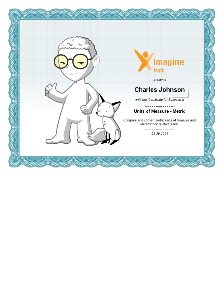 Imagine Math Lesson Completion Certificate
