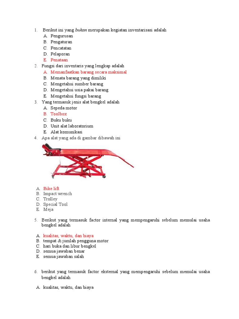 Kuis Bengkel Motor: Inventaris, Alat, dan Manajemen | PDF