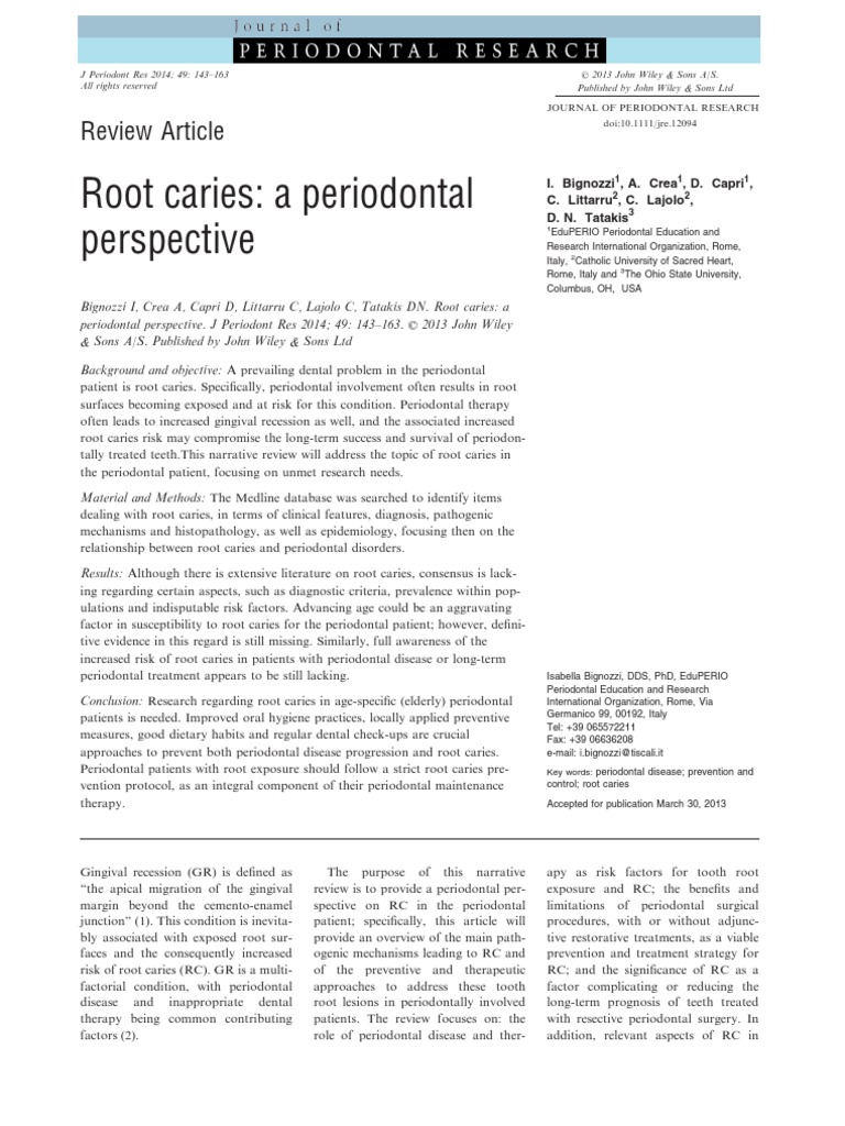 Root Caries: A Periodontal Perspective: Review Article | PDF ...