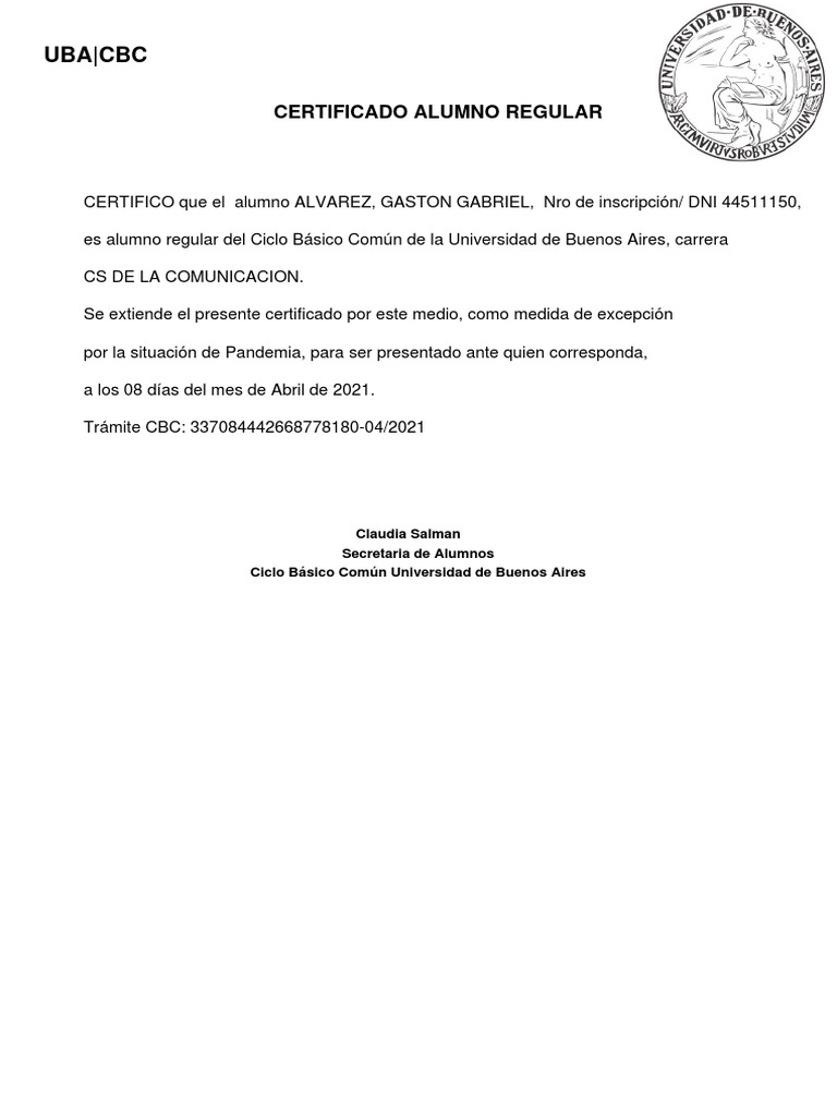 Uba - CBC: Certificado Alumno Regular | PDF