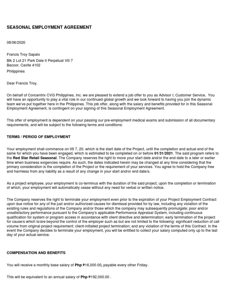 Seasonal Employment Agreement: Terms / Period of Employment | PDF ...