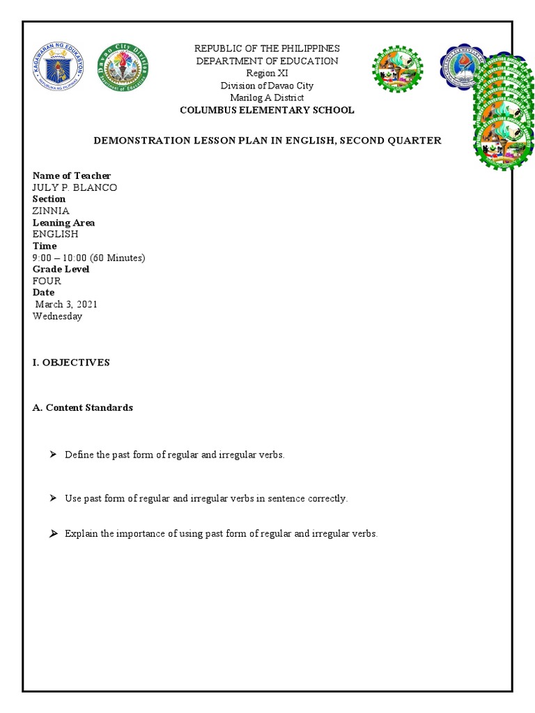 Grade 4 Lesson Plan: Verbs in Past Tense | PDF | Linguistic Morphology ...