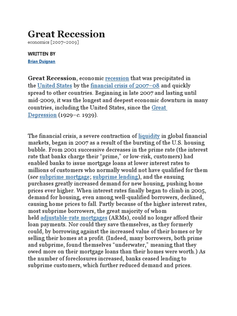Overview of the Great Recession 2007-2009 | PDF | Financial Crisis Of ...