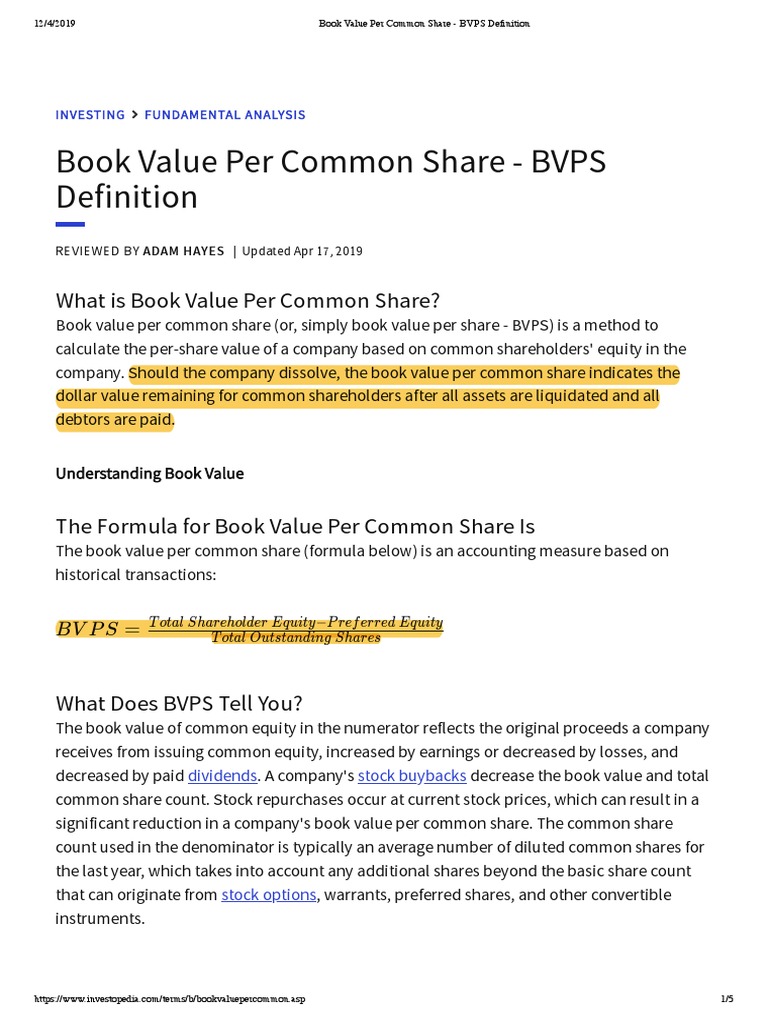 Book Value Per Common Share Bvps Definition Investopedia Pdf