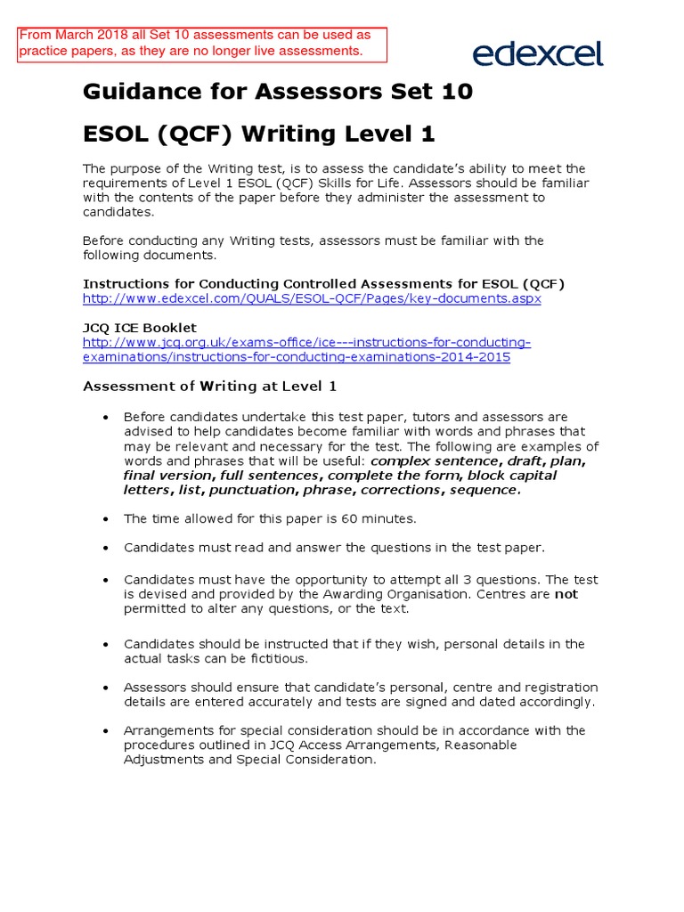Set 10 ESOL (QCF) Guidance For Assessors - Writing L1 | PDF | English As A Second Or Foreign ...