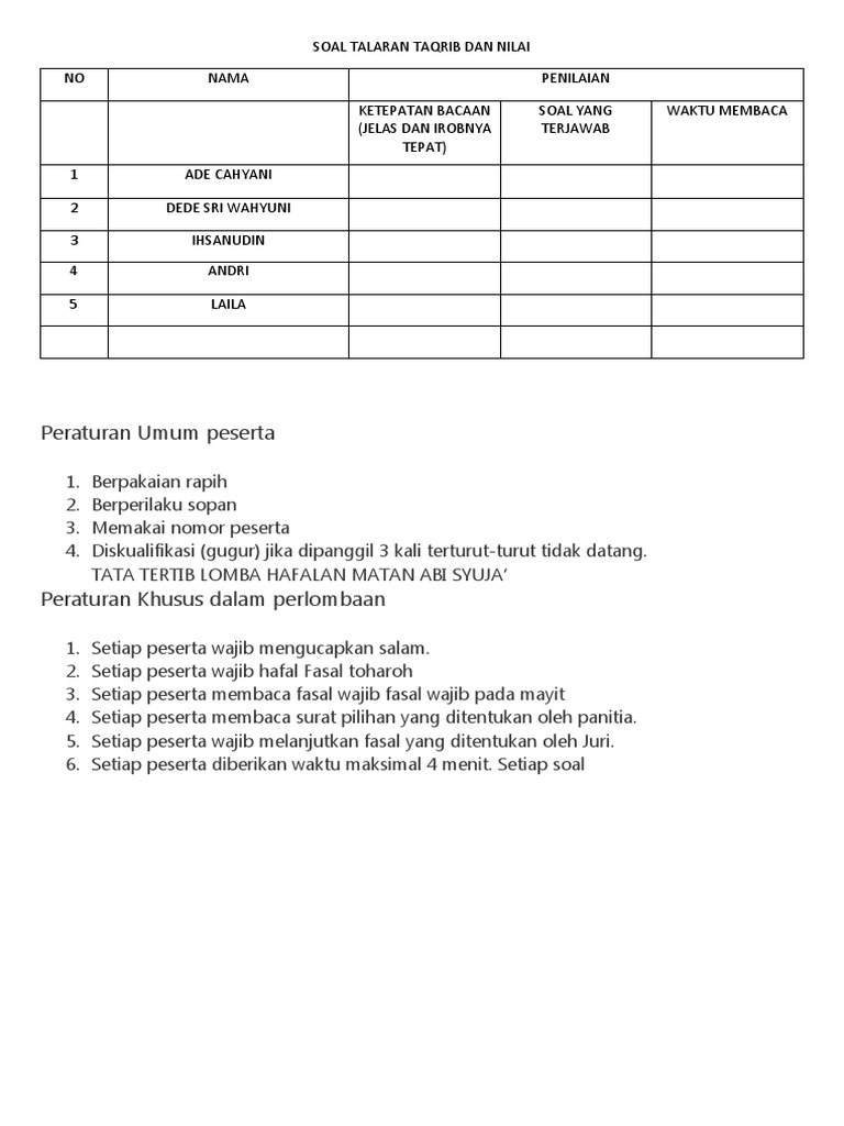 Soal Talaran Taqrib Dan Nilai | PDF