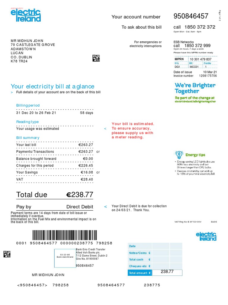 Your Electricity Bill at A Glance: Total Due 238.77 | PDF | Debit Card ...