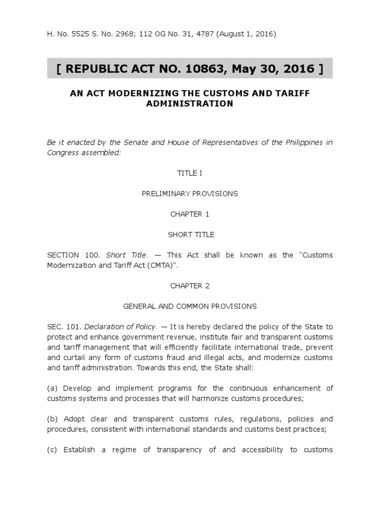 (REPUBLIC ACT NO. 10863, May 30, 2016) : An Act Modernizing The Customs and Tariff ...