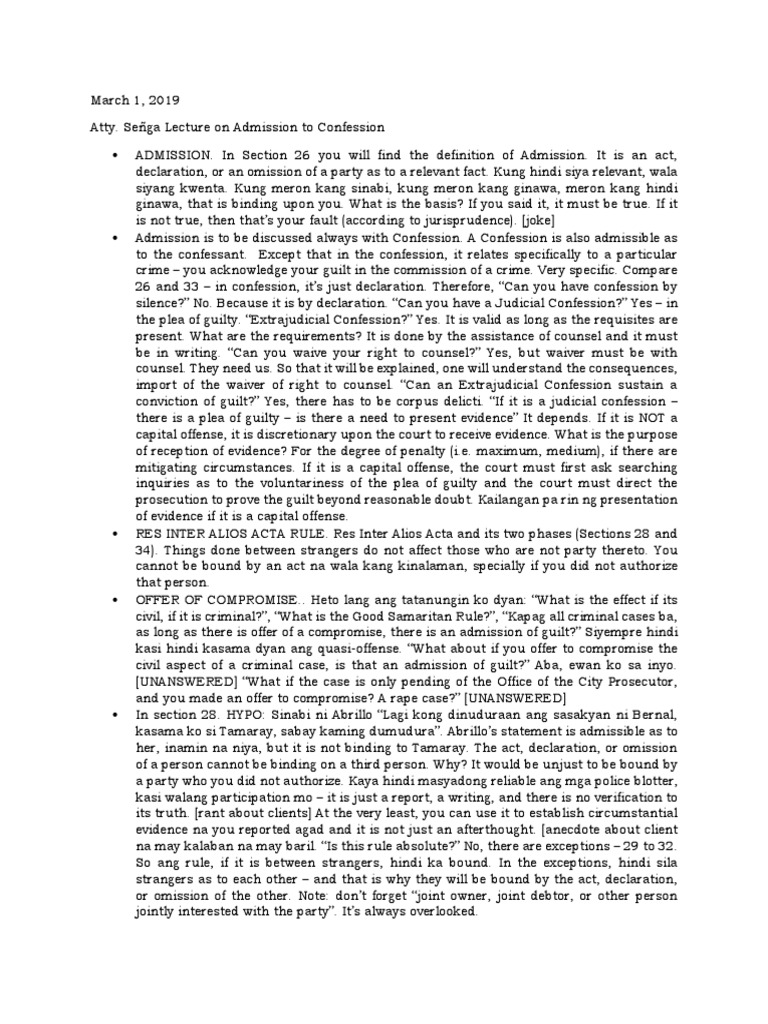 Evid - Señga Lecture Transcript (Admission To Confession) | PDF ...