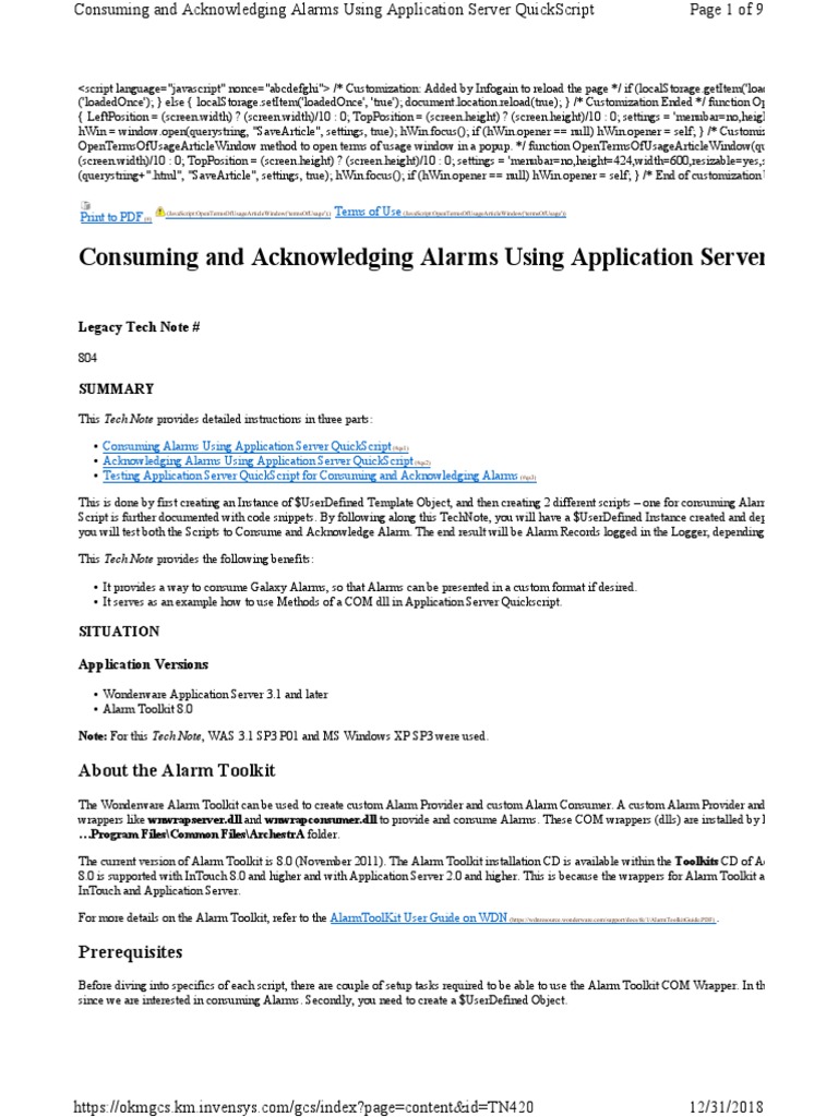 Consuming and Acknowledging Alarms Using Application Server Quickscript ...