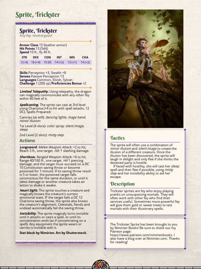 Sprite, Trickster For 5e, by Nimirien | PDF | Role Playing Games | Leisure