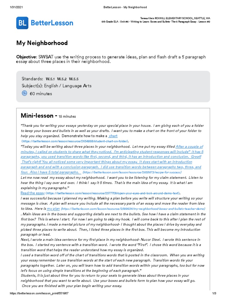 BetterLesson - My Neighborhood | PDF | Essays | Paragraph