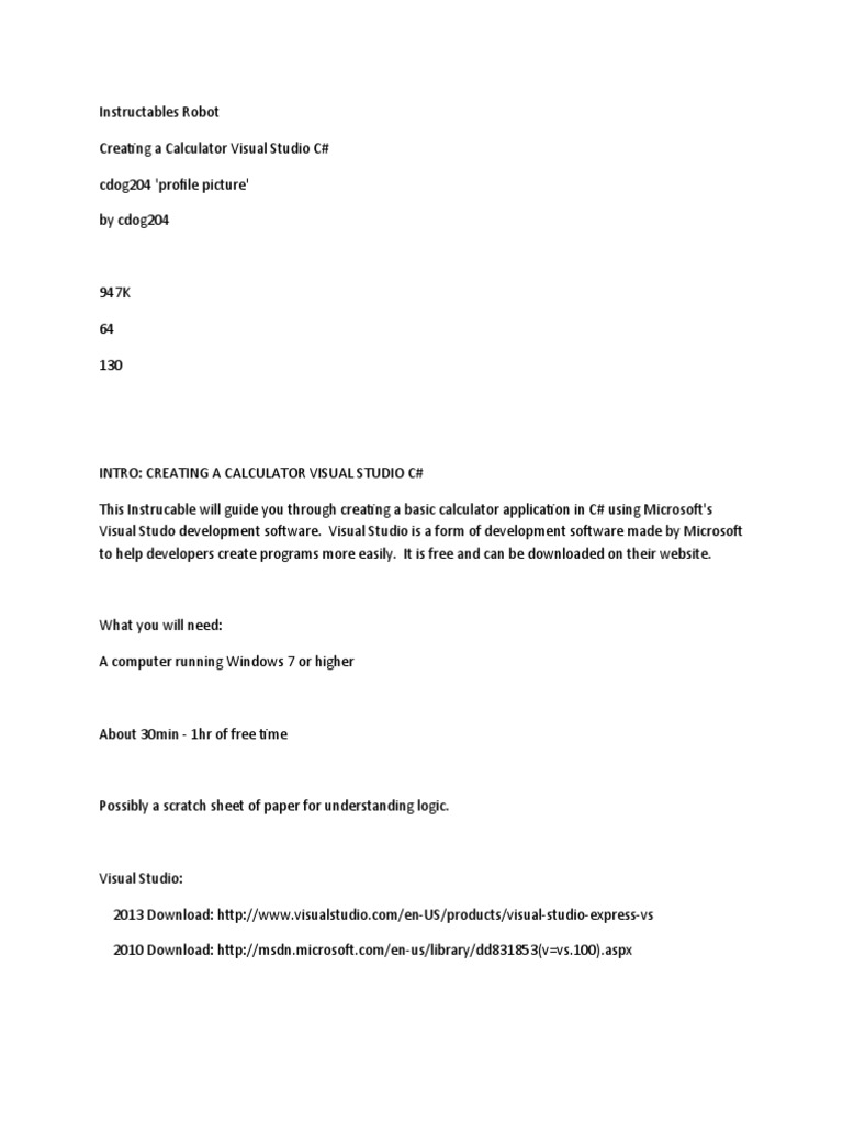 Calculator Using C# | PDF | Microsoft Visual Studio | Menu (Computing)