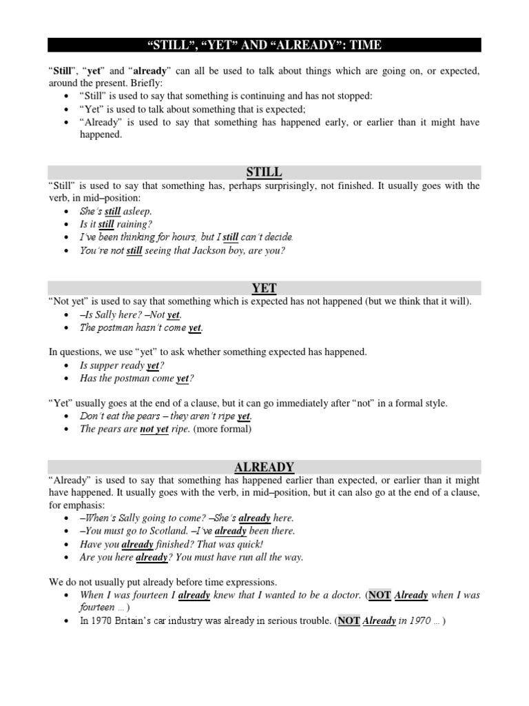 "Still", "Yet" and "Already": Time | PDF | Grammatical Tense | English ...