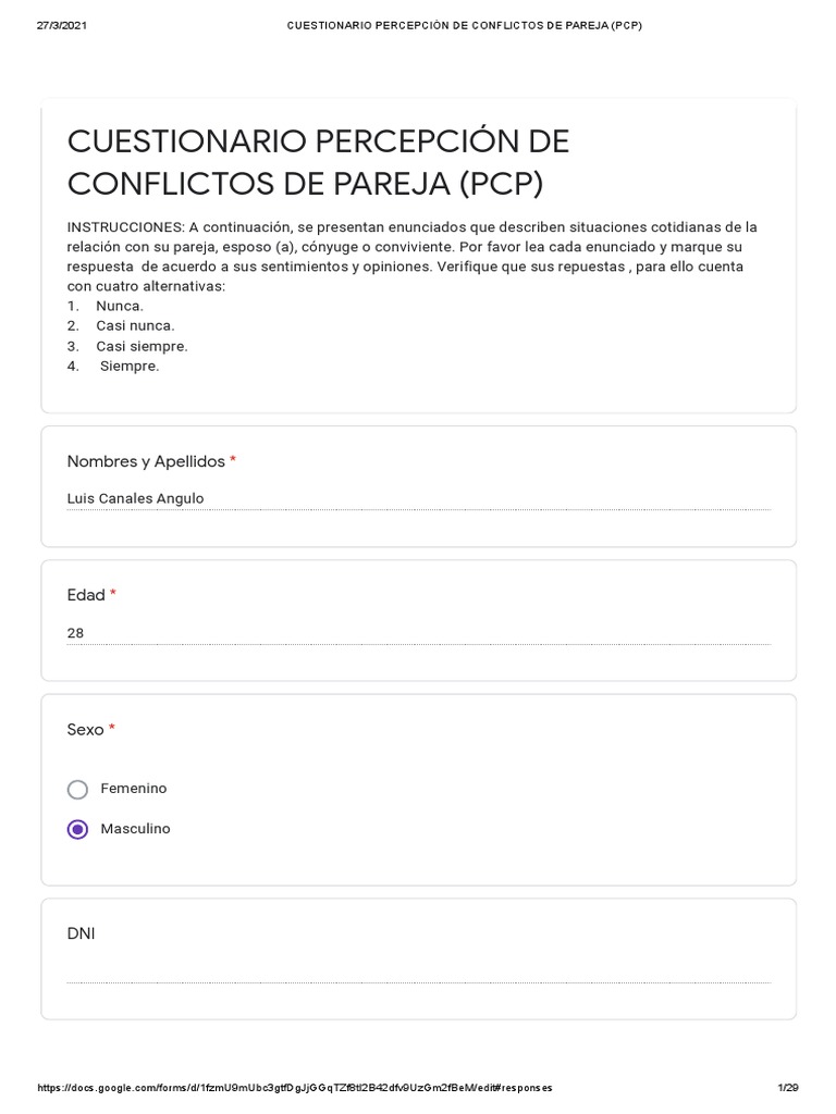 CUESTIONARIO PERCEPCIÓN DE CONFLICTOS DE PAREJA (PCP) - Formularios de Google | PDF