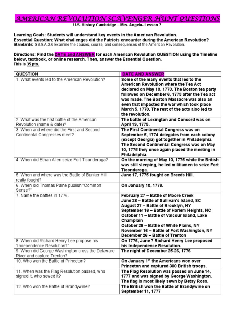 Revolution Scavenger Hunt Questions: American | PDF | American ...