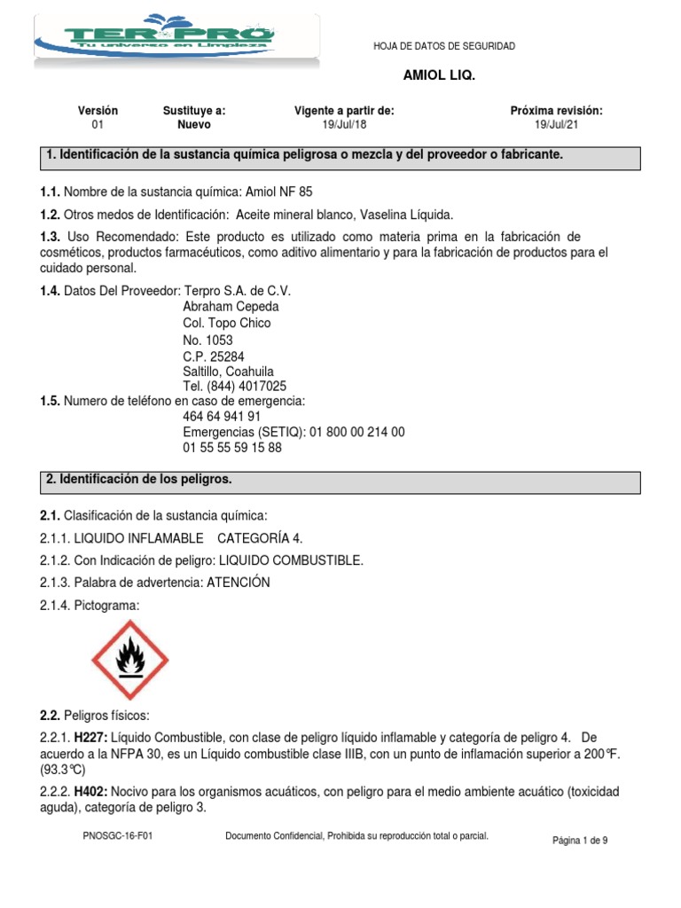 Vaselina Liquida SDS 18 | PDF | Combustión | Agua
