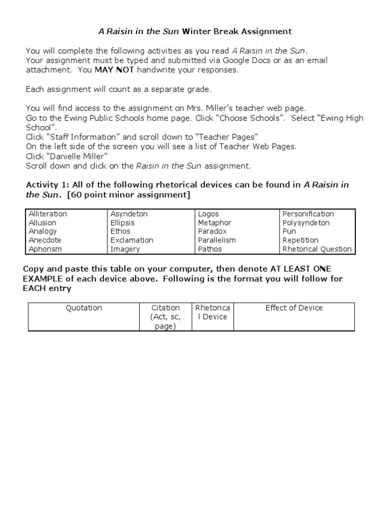 A Raisin in The Sun Winter Break Assignment | PDF