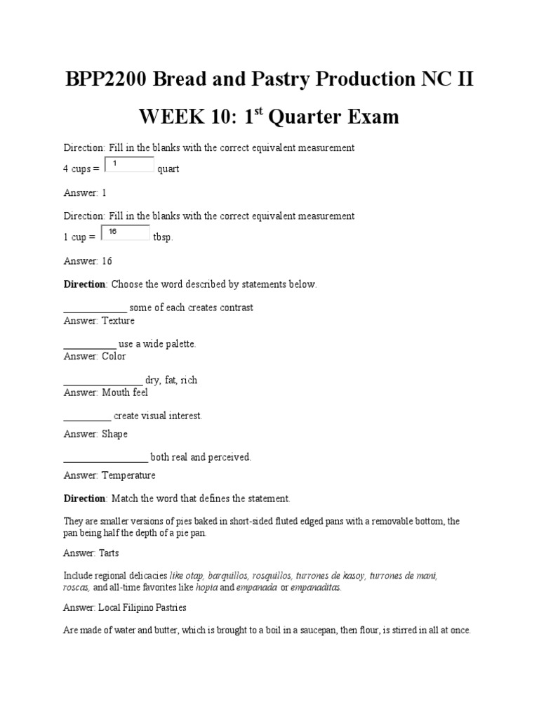 BPP2200 Bread and Pastry Production NC II WEEK 10 1st Quarter Exam ...
