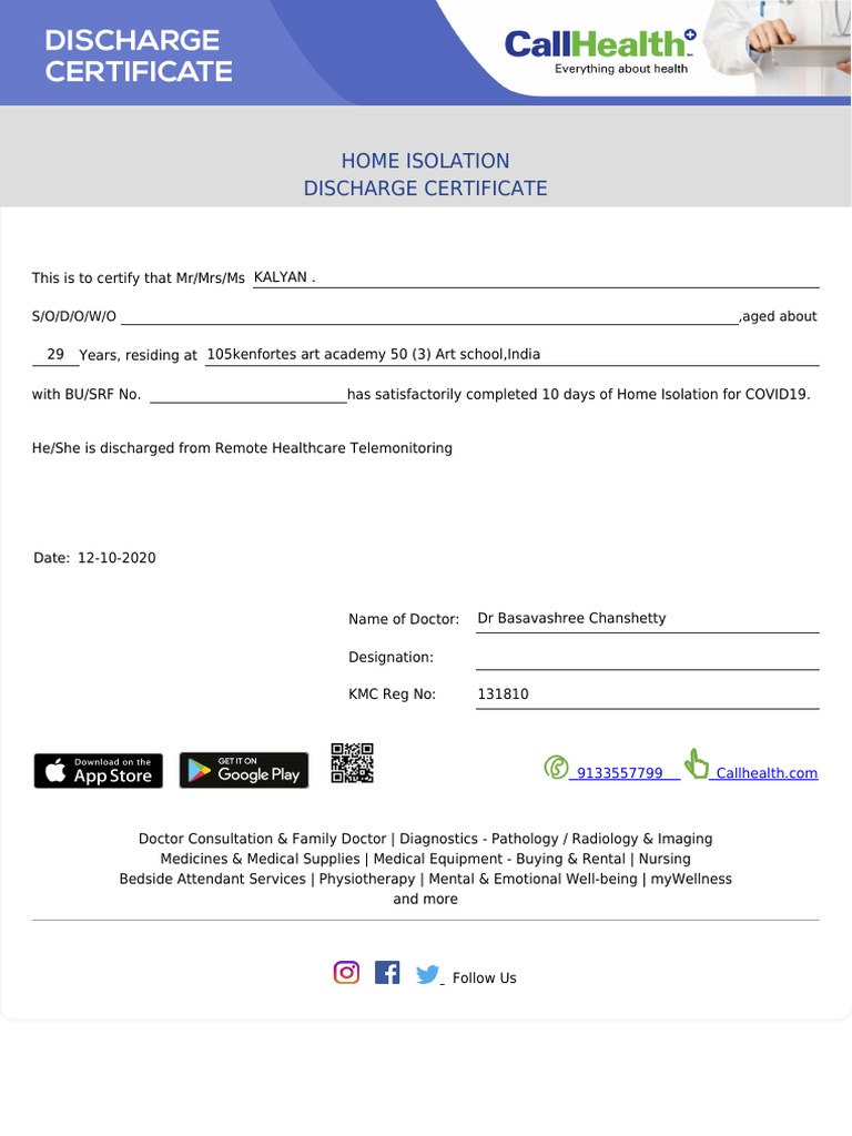 Home Isolation Discharge Certificate | PDF