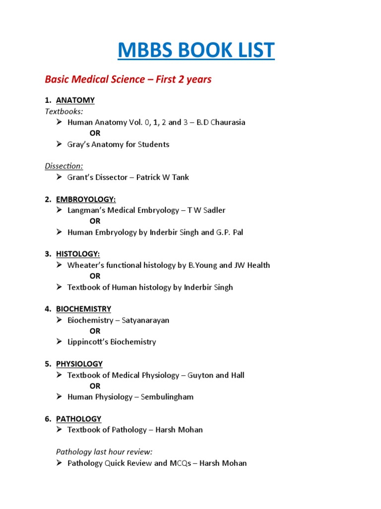 Mbbs Book List: Basic Medical Science - First 2 Years | PDF | Pathology ...