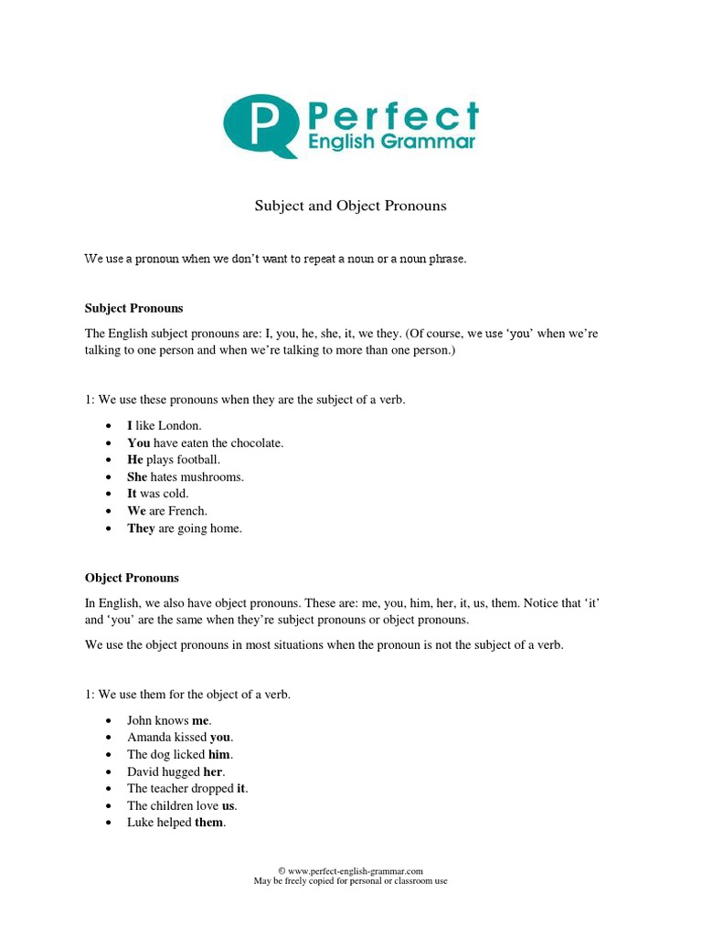 Subject Object Pronouns Explanation | PDF | Object (Grammar) | English ...