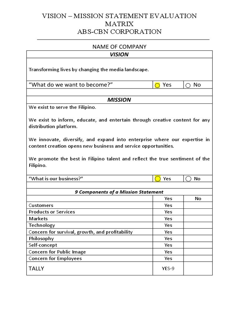 Template Mission Statement Evaluation Matrix 2 | Download Free PDF ...